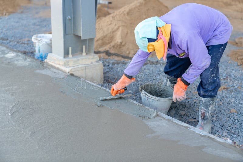 Worker Using Trowel Plasters Wet Concrete Cement Floor Stock Image ...