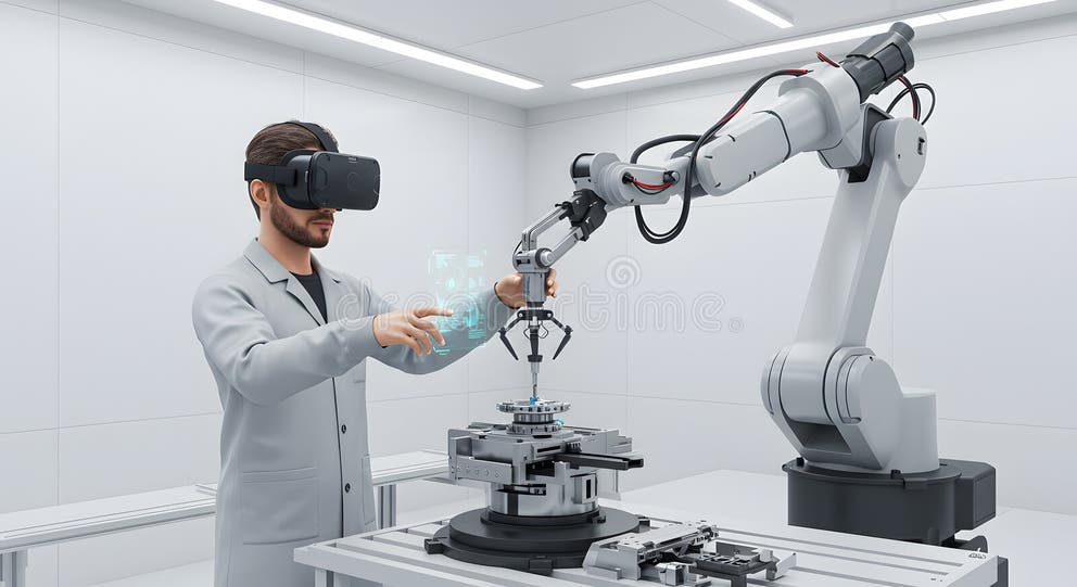 Lab Worker Using VR Controls a Robotic Arm for Precise Industrial ...