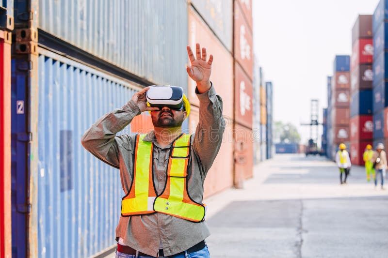Worker Using VR Vision Pro Technology Equipment Headset Device Work at ...