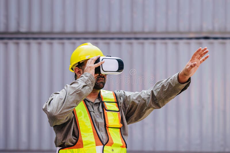 Worker Using VR Vision Pro Technology Equipment Headset Device Work at ...