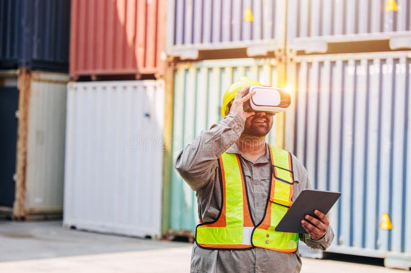Worker Using VR Vision Pro Technology Equipment Headset Device Work at Container Yard ...