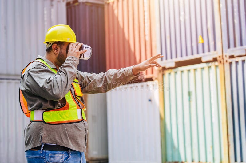 Worker Using VR Vision Pro Technology Equipment Headset Device Work at ...