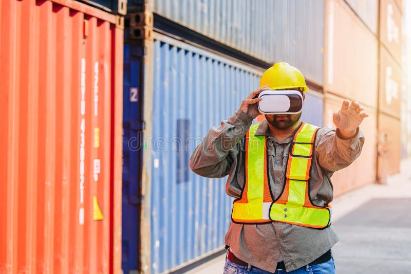 Worker Using VR Vision Pro Technology Equipment Headset Device Work at ...