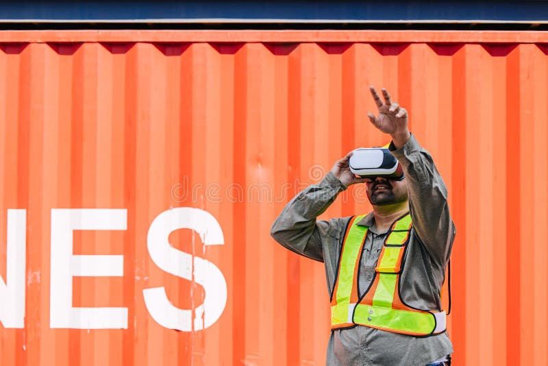 Worker Using VR Vision Pro Technology Equipment Headset Device Work at ...