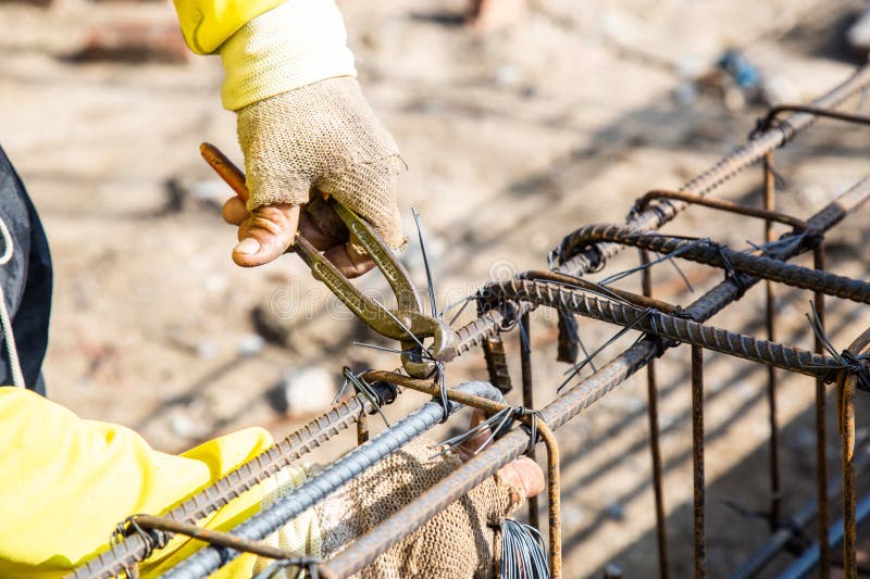 Worker are Using Wire and Pliers To Tie the Rebar Stock Photo - Image ...