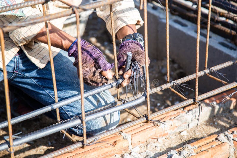 Worker are Using Wire and Pliers To Tie the Rebar Stock Image - Image ...