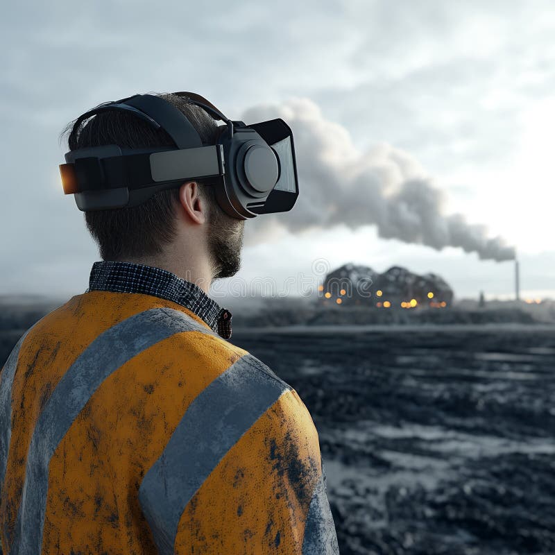 Worker in VR Headset Observes Industrial Pollution Environmental ...