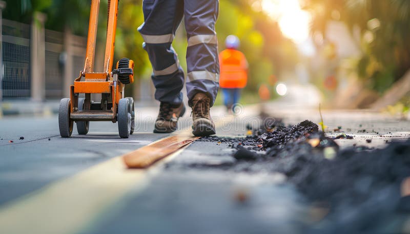 Worker is Walking with the Measuring Wheel, Measure the Road Stock ...