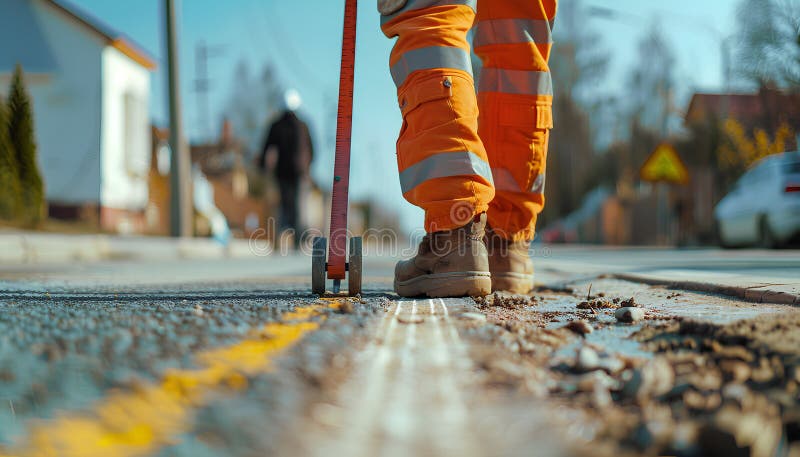 Worker is Walking with the Measuring Wheel, Measure the Road Stock ...