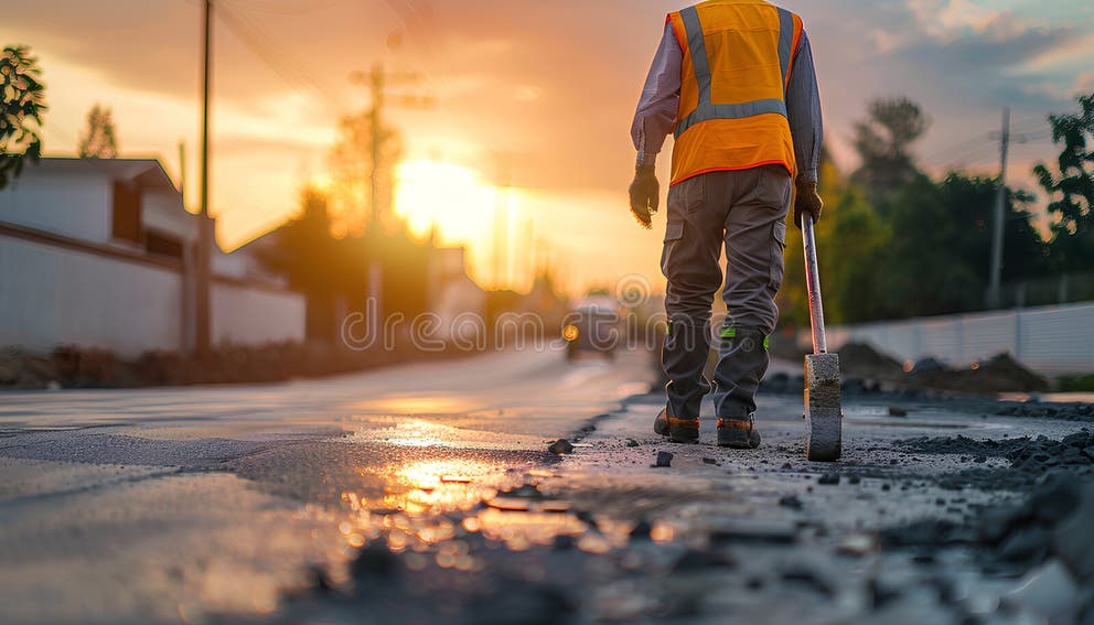 Worker is Walking with the Measuring Wheel, Measure the Road Stock ...