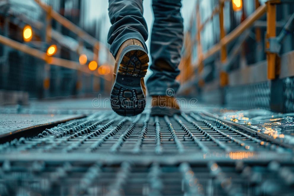 Worker Walking on Metal Platform at Construction Site. Generative AI ...