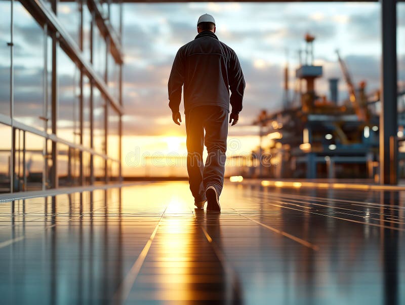 Worker Walking on Platform during Sunset Reflecting on Journey Ahead ...