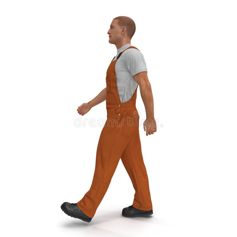 Worker Walking Wearing Orange Overalls On White Background, 3D ...