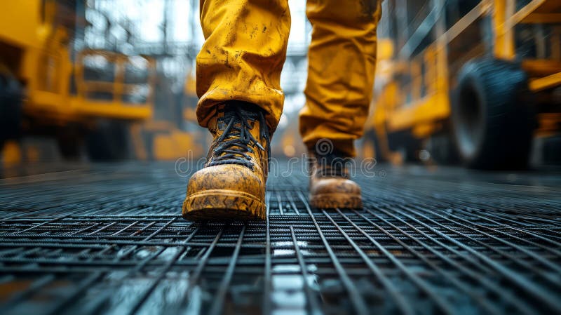 A Worker Walks on a Metal Grid at a Construction Site, Showcasing ...