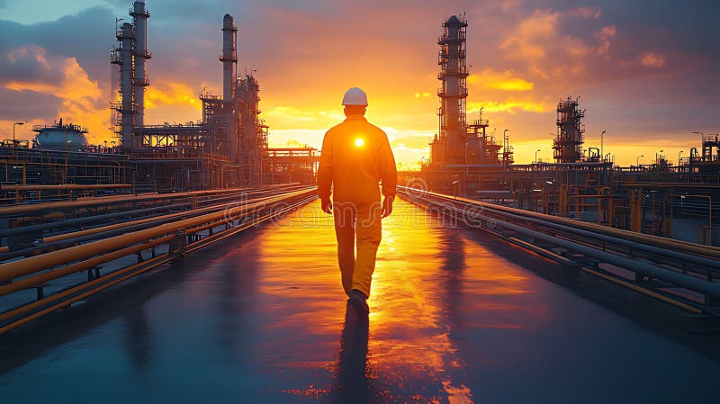 Worker Walks Refinery Sunset, Industrial Complex Stock Illustration ...