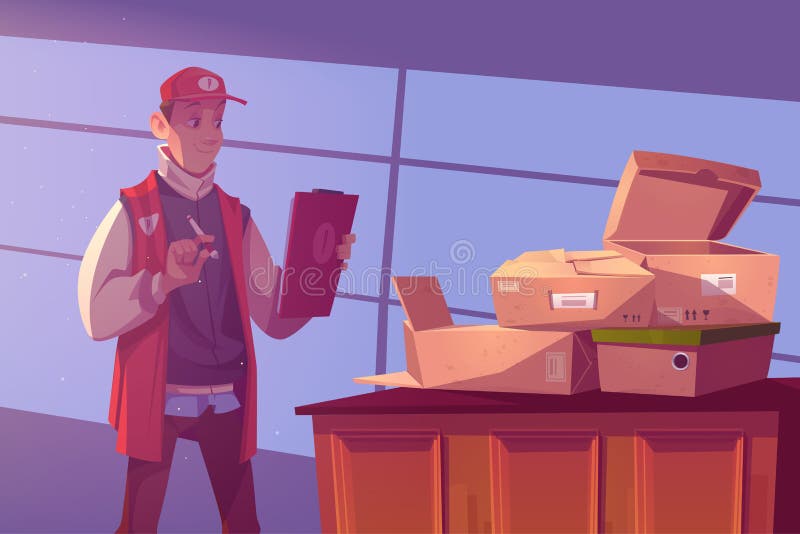 Worker in Warehouse with Cardboard Boxes on Table Stock Vector ...