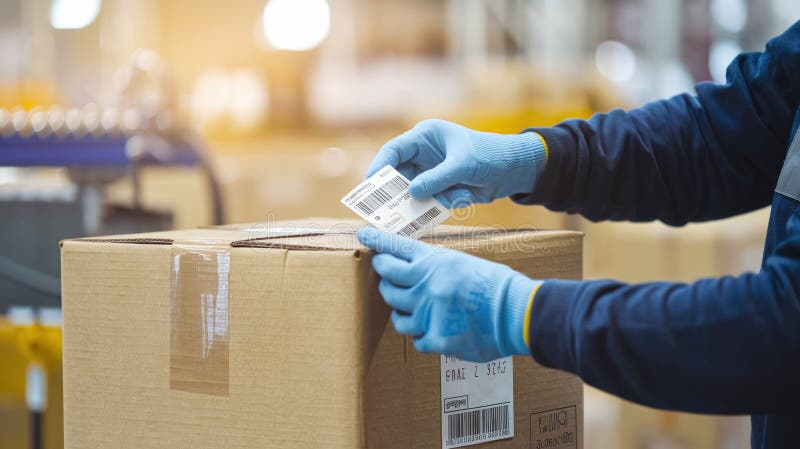 Worker in a Warehouse Carefully Placing a Shipping Label on a Medium ...