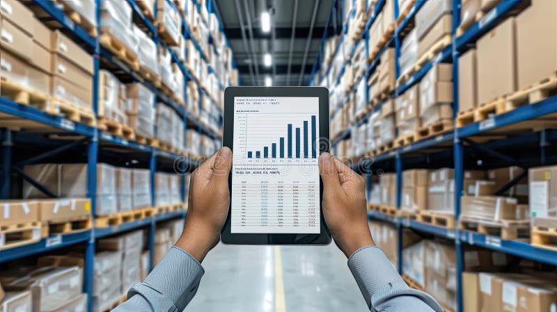 A Worker in a Warehouse Stands in an Aisle and Looks at a Tablet that ...