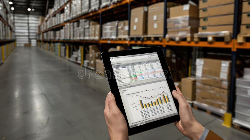 A Worker in a Warehouse Stands in an Aisle and Looks at a Tablet that ...