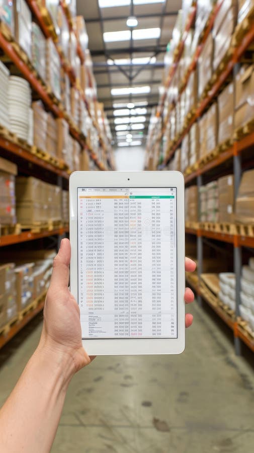 A Worker in a Warehouse Stands in an Aisle and Looks at a Tablet that ...