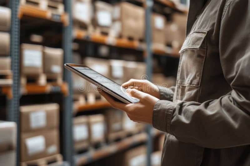 A Worker in a Warehouse Uses a Tablet for Inventory Management ...