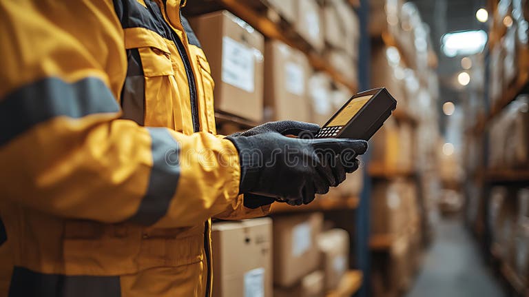 Worker in a Warehouse Using a Handheld Scanner To Scan Boxes Stock ...