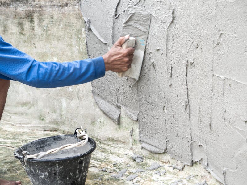 Worker Was Plastering the Wall of the Well Stock Photo - Image of glove ...