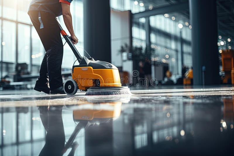 Worker Washing Office Floor with Cleaning Machine Stock Illustration ...