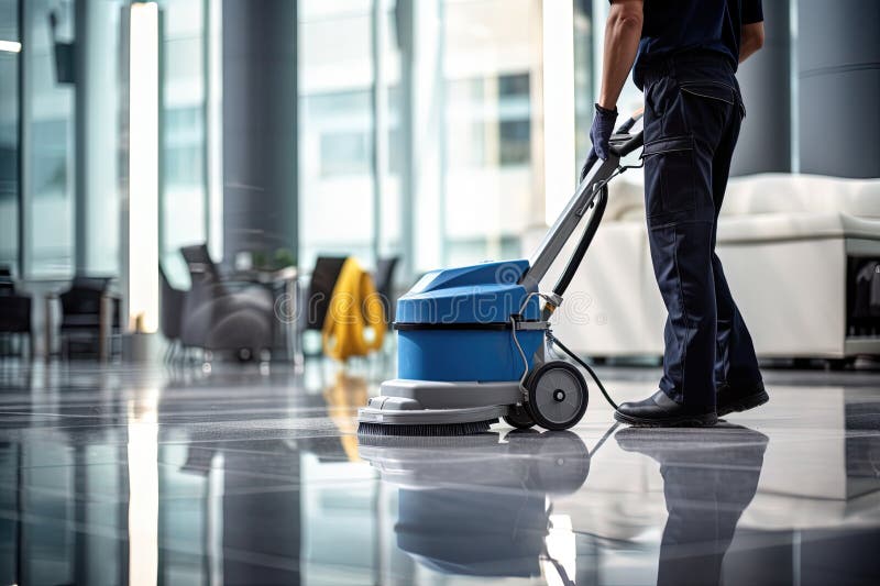 Worker Washing Office Floor with Cleaning Machine. Generative AI Stock ...
