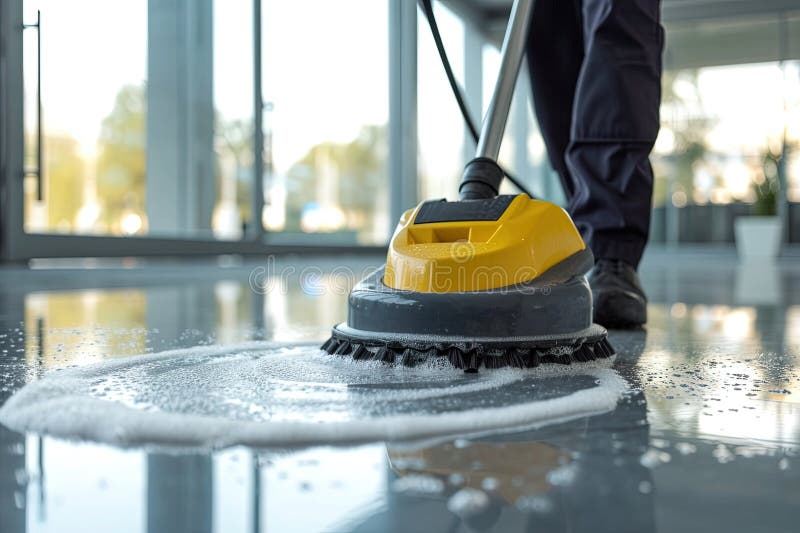 Worker Washing Office Floor with Cleaning Machine. Generative AI Stock ...