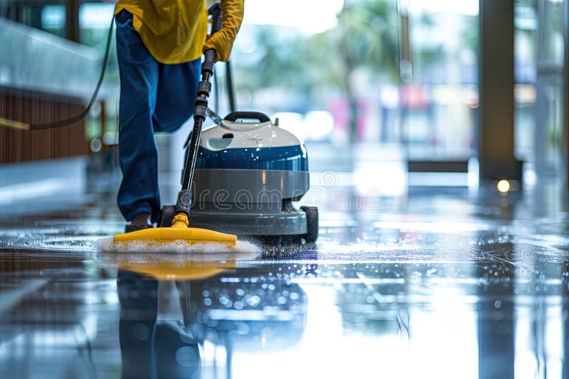 Worker Washing Office Floor with Cleaning Machine. Generative AI Stock ...