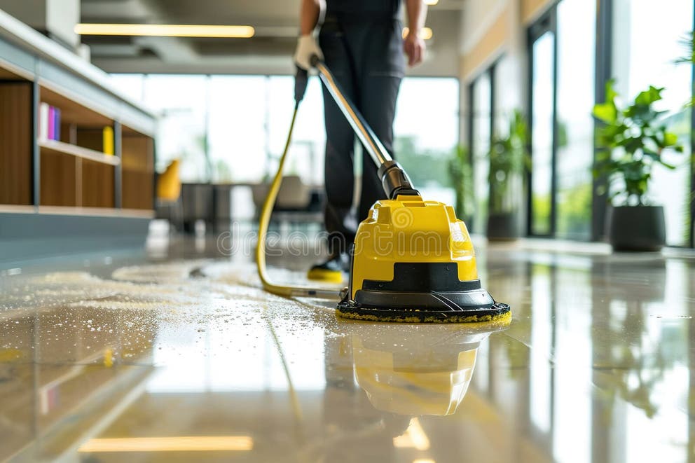Worker Washing Office Floor with Cleaning Machine. Generative AI Stock ...