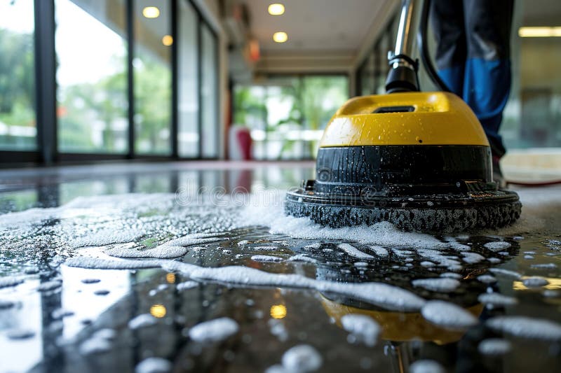 Worker Washing Office Floor with Cleaning Machine. Generative AI Stock ...