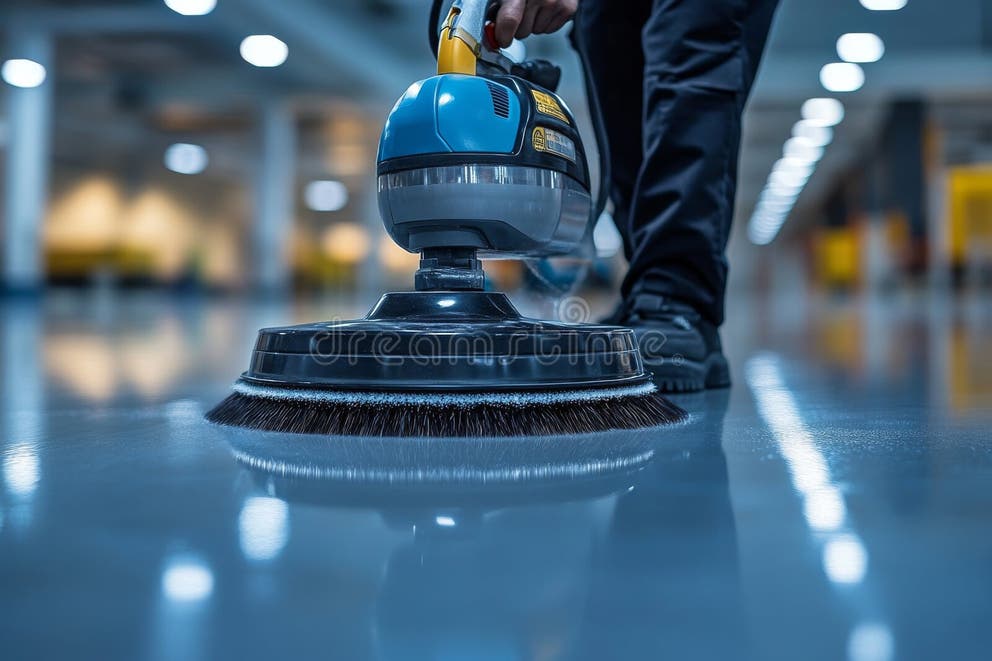 Worker Washing Office Floor with Cleaning Machine. Generative AI Stock ...