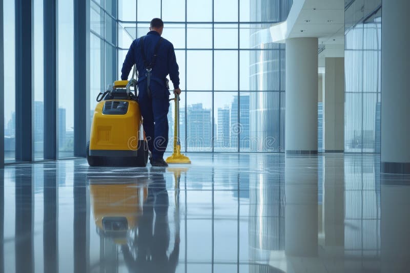 Worker Washing Office Floor with Cleaning Machine. Generative AI Stock ...
