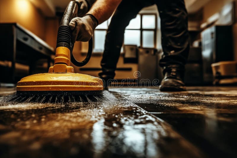 Worker Washing Office Floor with Cleaning Machine. Generative AI. Stock ...