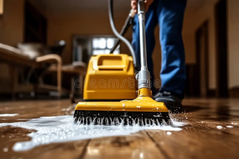 Worker Washing Office Floor with Cleaning Machine. Generative AI. Stock ...