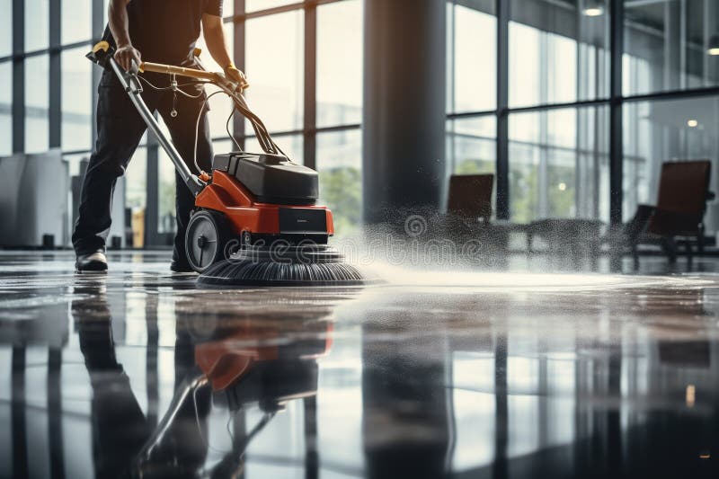 Worker Washing Office Floor with Cleaning Machine. Generative AI Stock ...