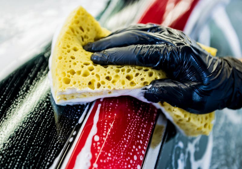 Worker Washing Red Car with Sponge on a Car Wash Stock Image - Image of ...
