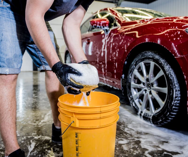 Worker Washing Red Car with Sponge on a Car Wash Stock Image - Image of ...
