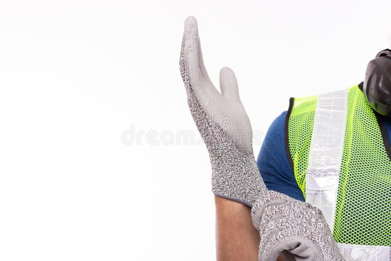 Worker Wearing Construction Safety Gloves before Working. Caucasian ...
