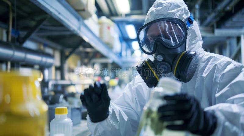 A Worker Wearing a Gas Mask Handling Uranium Solutions in a Designated ...