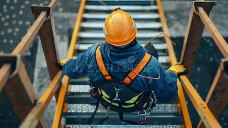 A Worker Wearing a Harness Practices Climbing Down a Safety Ladder in ...