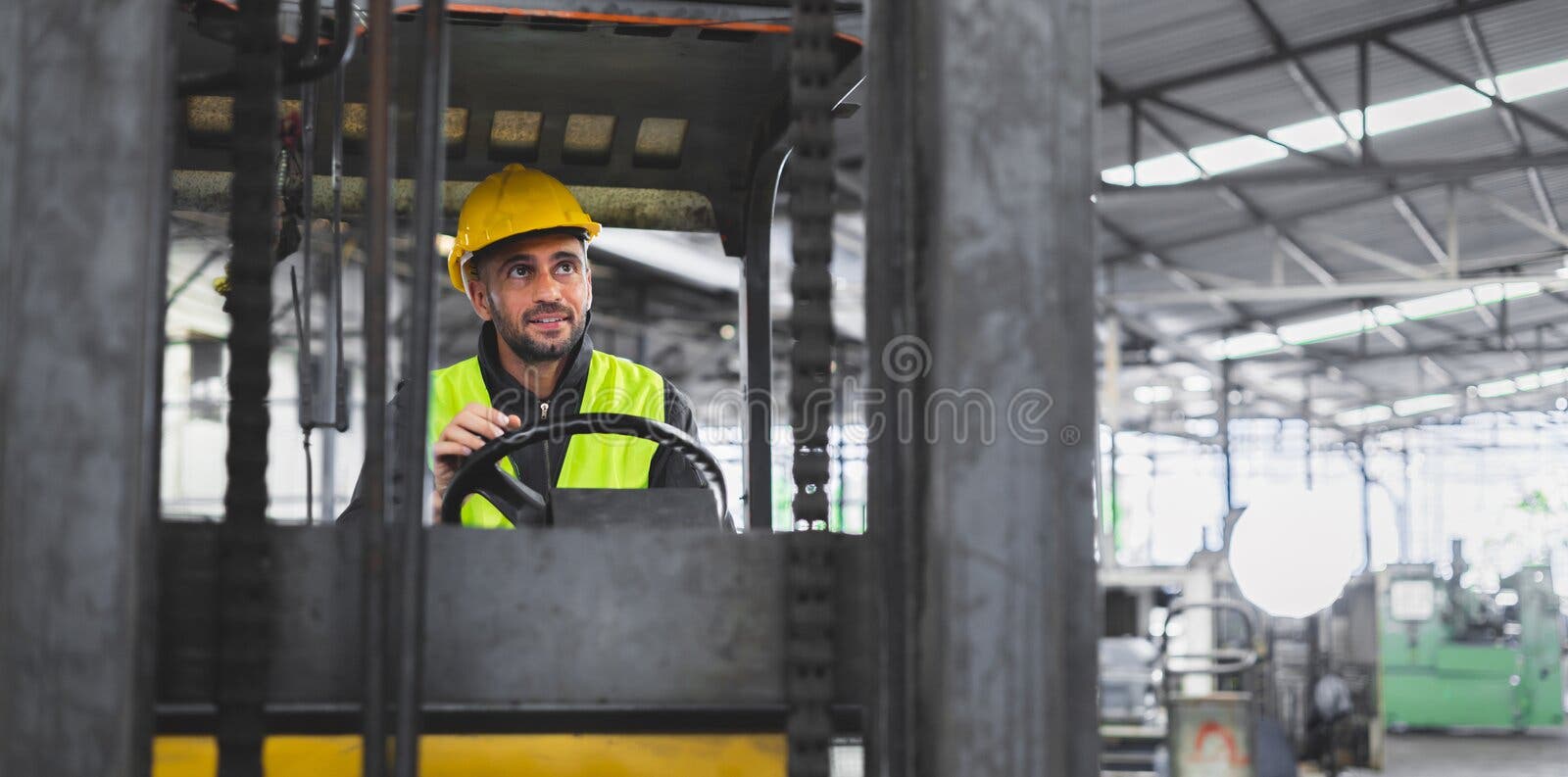 Worker Wearing Helmet with Driver Forklift in Warehouse Stock Image ...