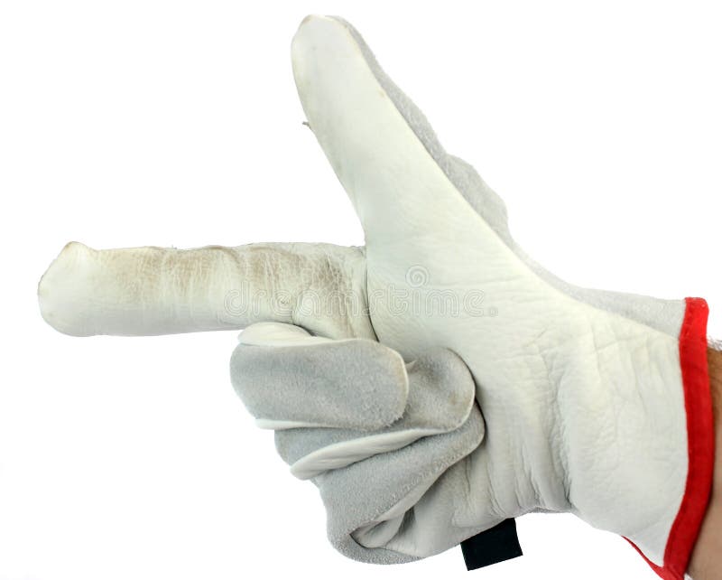 Worker Wearing Leather Work Glove Pointing To the Left Stock Photo ...