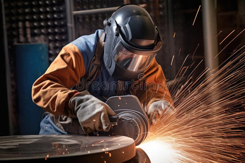 Worker Wearing Protective Gear, Using a Grinding Machine on Metal Stock ...