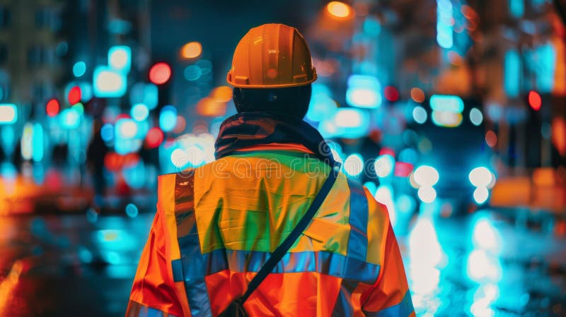 Worker Wearing a Reflective Safety Jacket for Visibility during Night ...