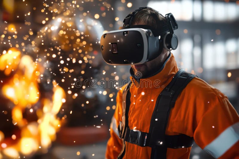 Worker Wearing Virtual Reality Headset in Industrial Setting during ...