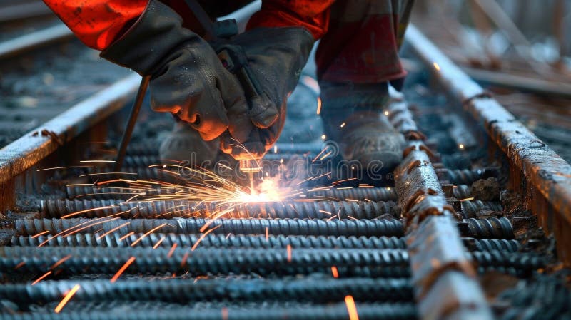 A Worker is Welding Additional Steel Bars Onto the Existing Structure ...