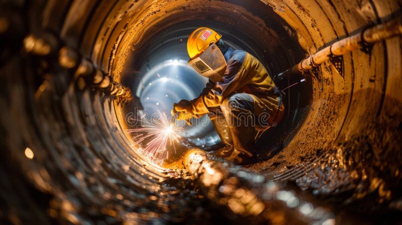 Worker Welding in Large Underground Pipe Illuminated by Work Lights ...